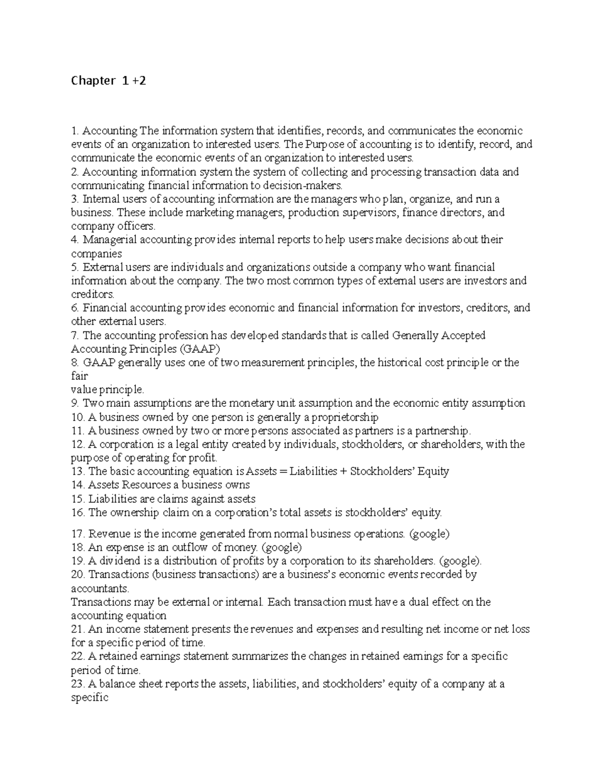 Accounting summary - Chapter 1 + Accounting The information system that ...