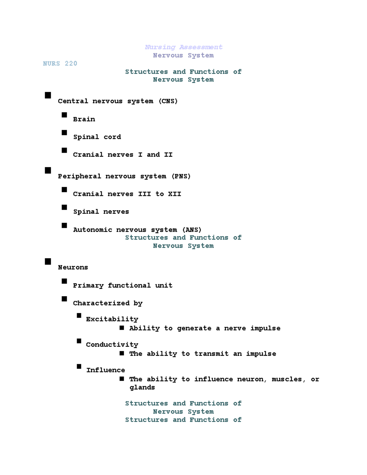 Nervous System Assessment - Nursing Assessment Nervous System NURS 220 ...
