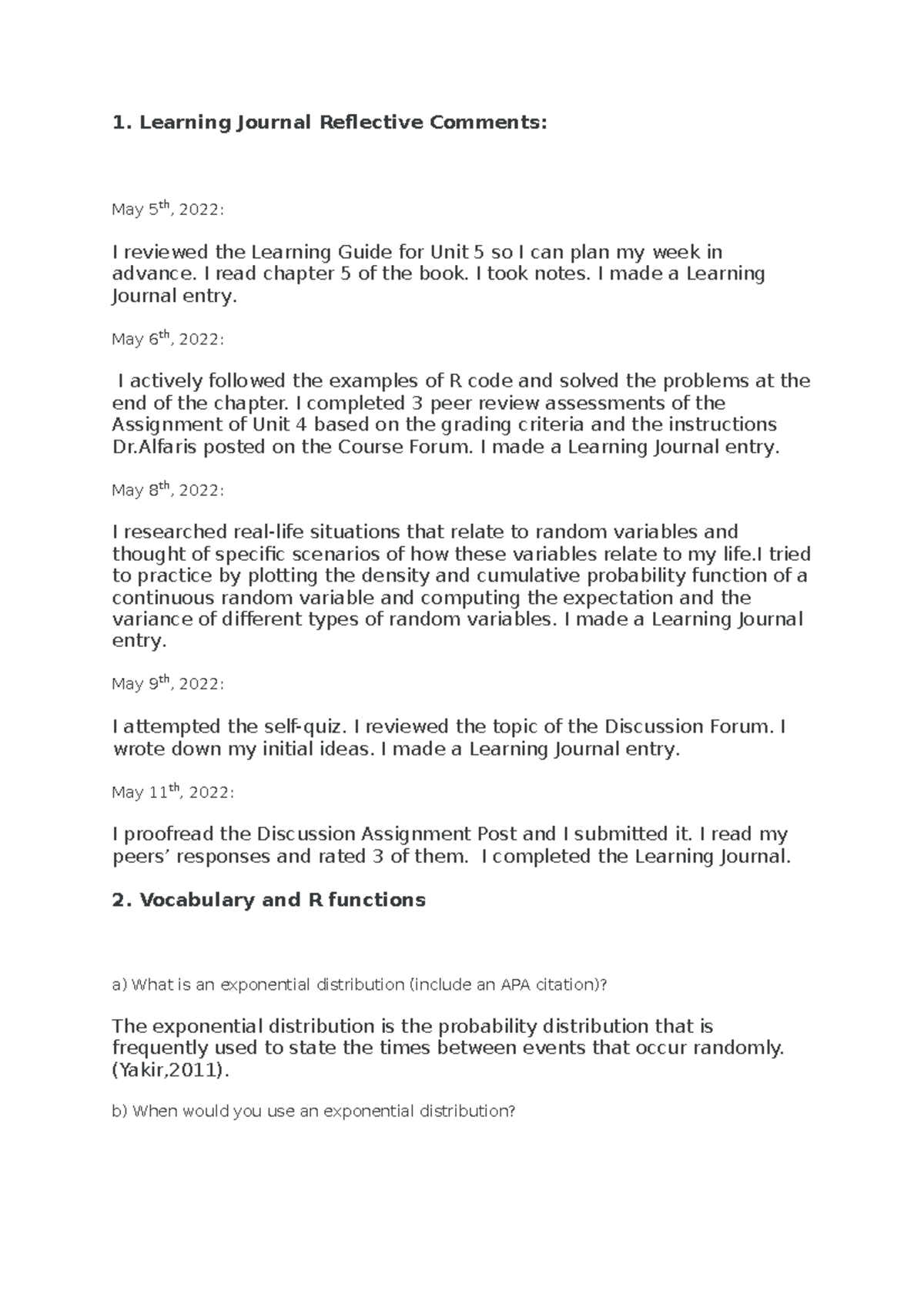 assignment for the week for myself and m - 1. Learning Journal ...