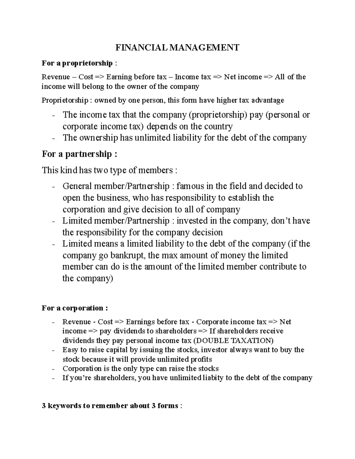Financial Management 2 - FINANCIAL MANAGEMENT For a proprietorship ...