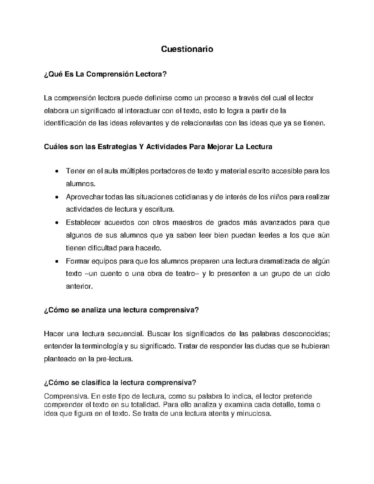 Cuestionario de lectura comprensiva - Cuestionario ¿Qué Es La Comprensión Lectora? La ...