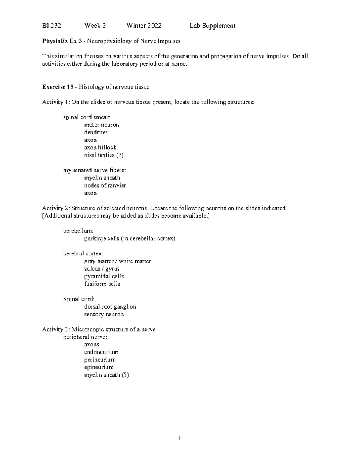 Week 1 Lab - Lab - BI 232 Week 2 Winter 2022 Lab Supplement PhysioEx Ex ...