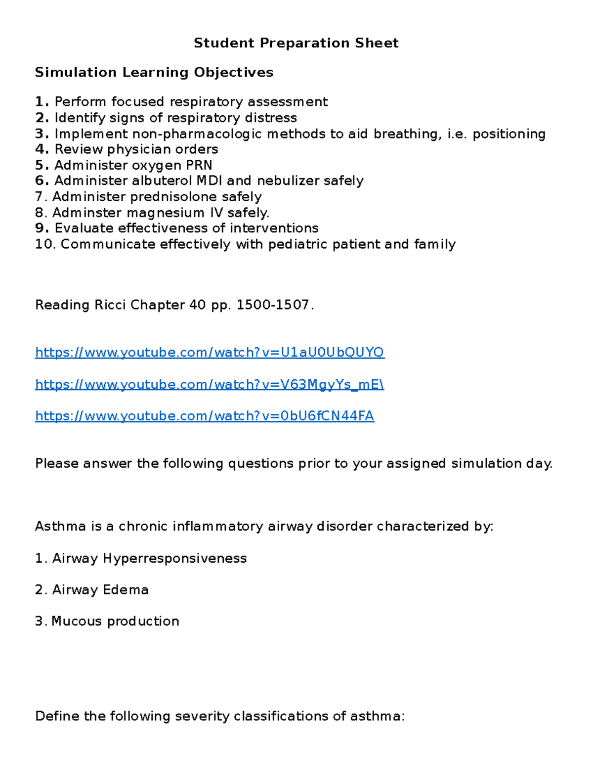 Asthma simulation Student Worksheet - Student Preparation Sheet ...