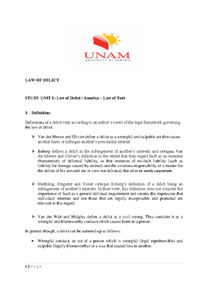 LAW OF Delict Lecture 2 Notes - LAW OF DELICT Study Unit 2 Introduction ...