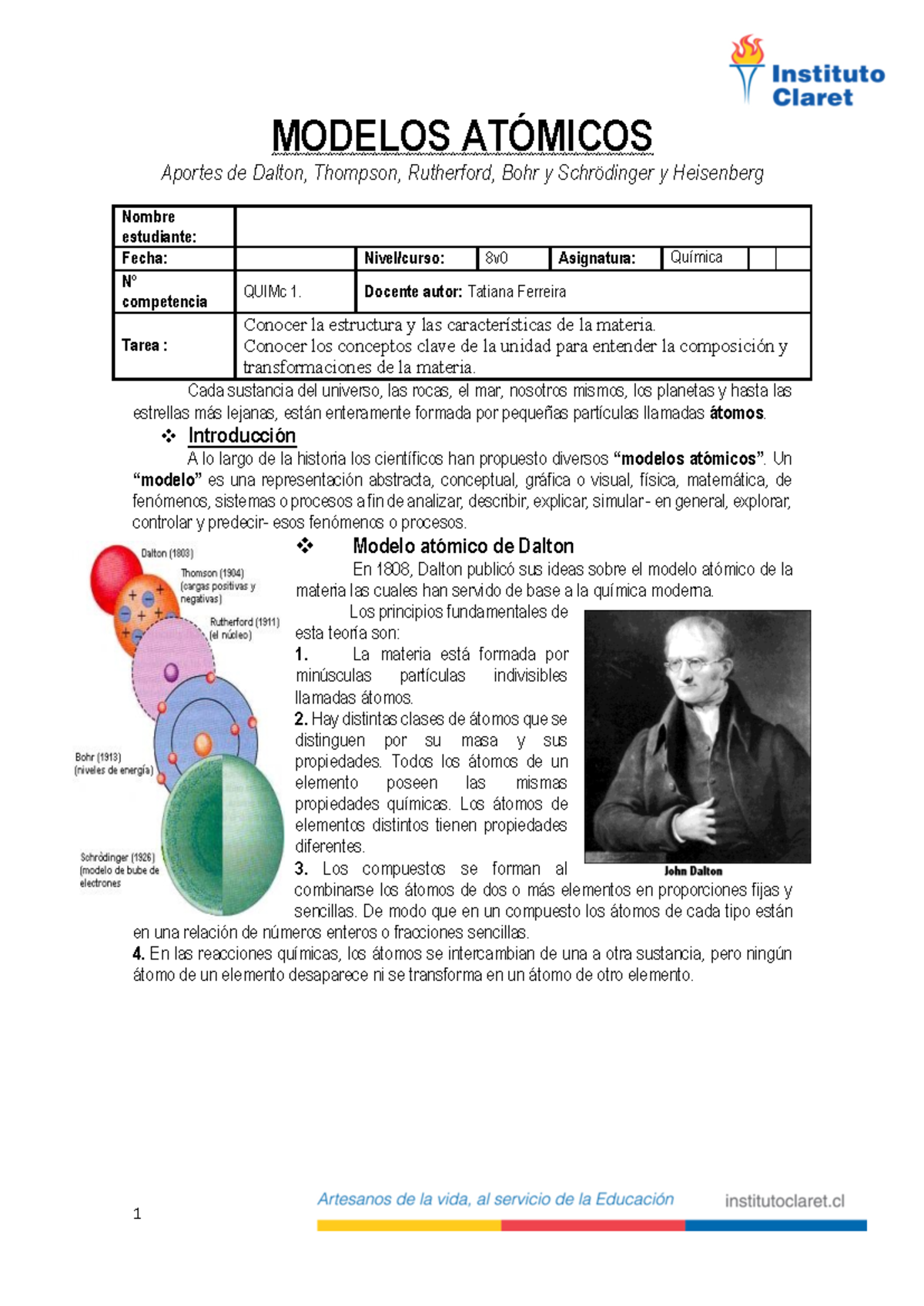 Guia 2 modelos atomicos 8vo 1 - MODELOS ATÓMICOS Aportes de Dalton ...