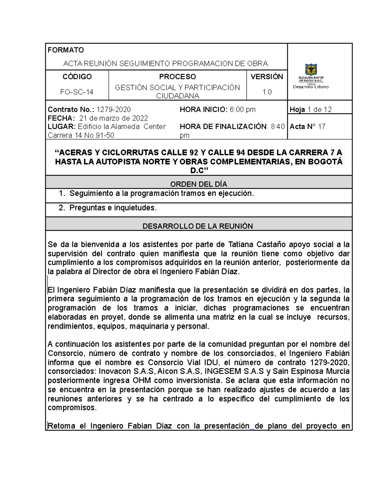 ACTA Seguimiento Comité IDU No. 15 21-3-23 V.1 - FORMATO ACTA REUNIÓN ...