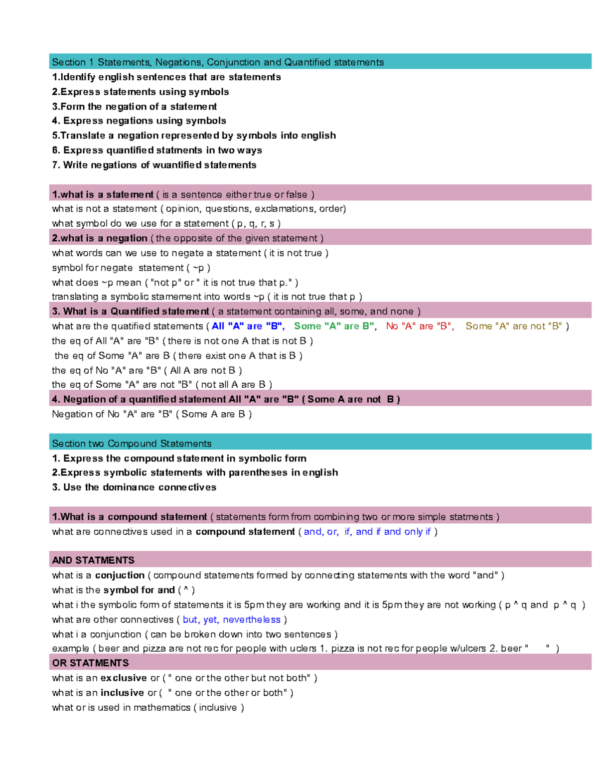 GNED 1101 FINAL NOTES - Section 1 Statements, Negations, Conjunction ...