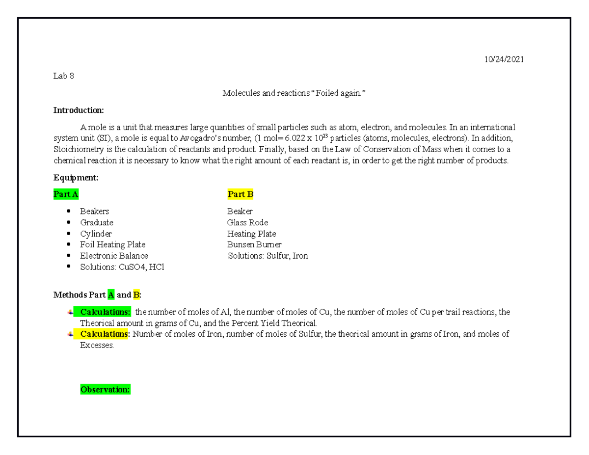 Lab report 8 Chem106 - 10/24/ Lab 8 Molecules and reactions “Foiled ...