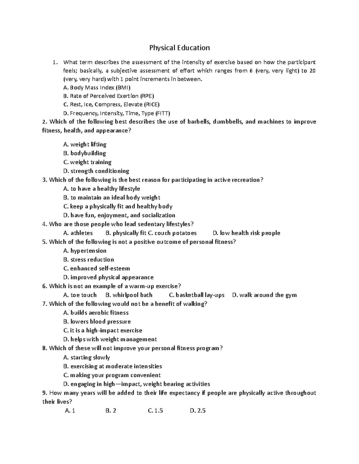 Physical Eduaction 1 quiz sjtit - Physical Education What term ...