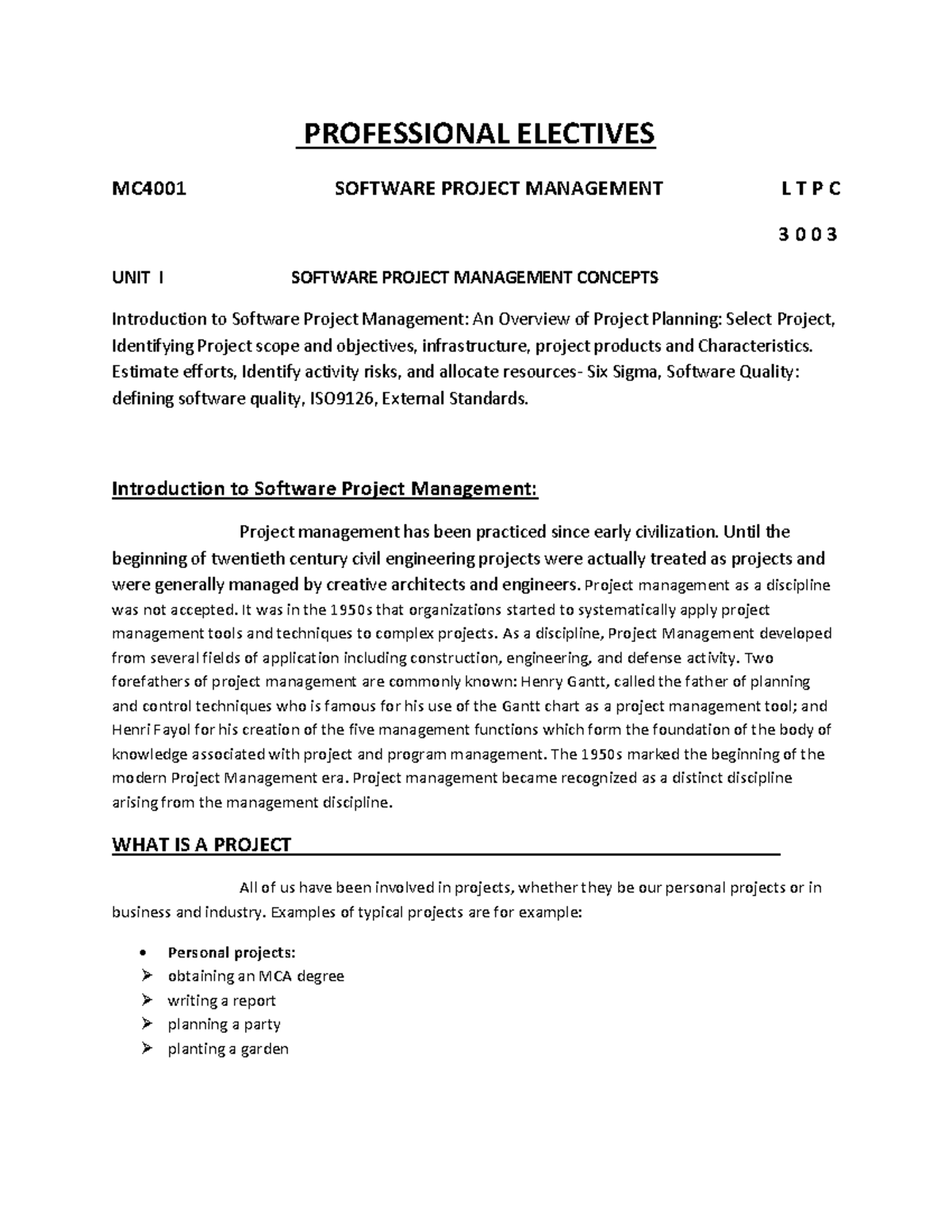 SPM UNIT 1 - Good - PROFESSIONAL ELECTIVES MC4001 SOFTWARE PROJECT ...