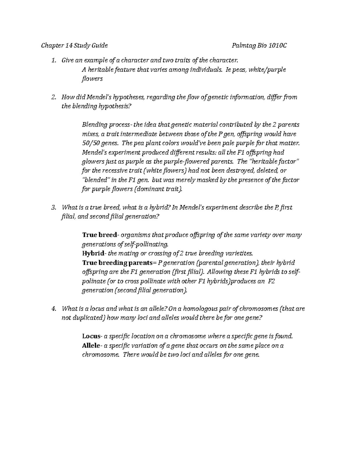 Chapter 14 study guide - Chapter 14 Study Guide Palmtag Bio 1010C 1 ...