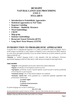 NLP Notes Unit 1 - 18CSE359T NATURAL LANGUAGE PROCESSING UNIT 1 ...