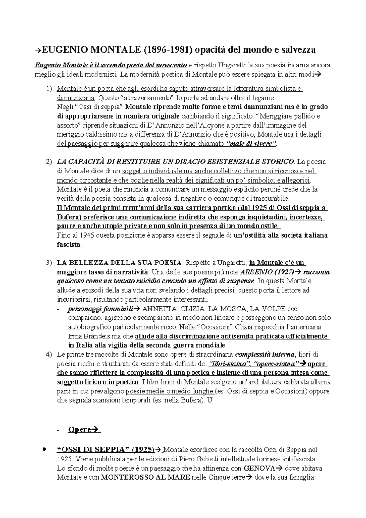 Montale E SABA Riassunto Letteratura Italiana Contemporanea EUGENIO