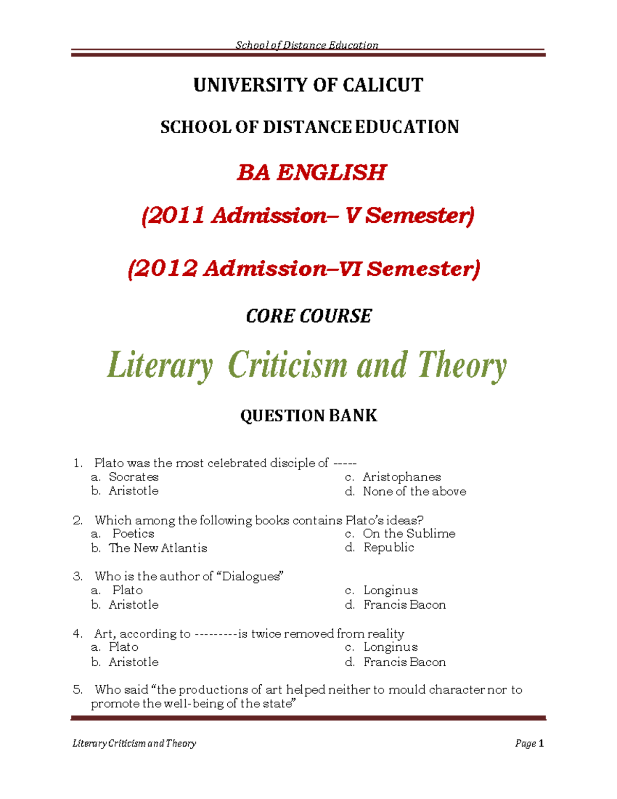 6th literary criticism and theory QB - UNIVERSITY OF CALICUT SCHOOL OF ...