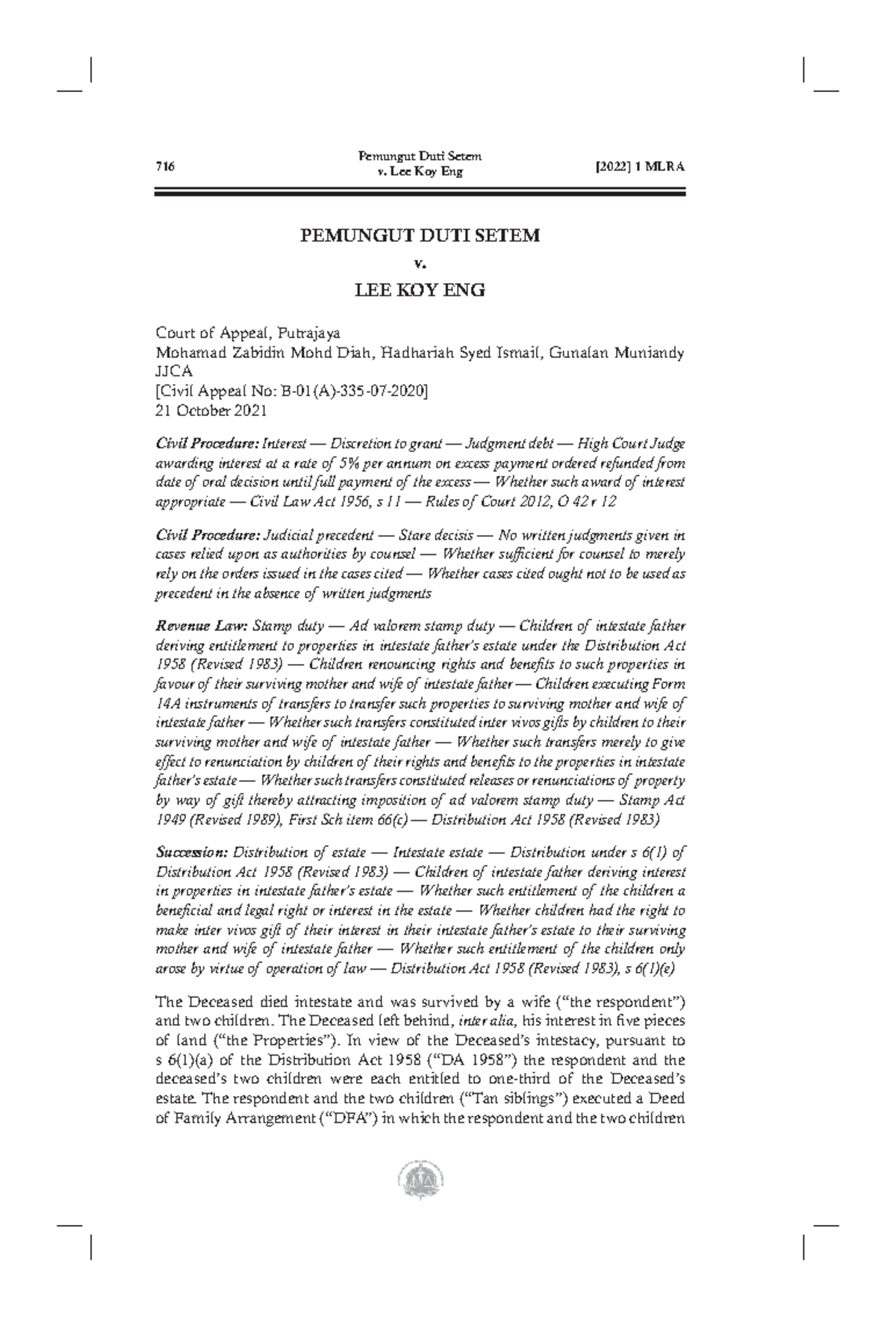 Pemungut Duti Setem v Lee Koy Eng (Appelate Report) - 716 [2022] 1 MLRA ...