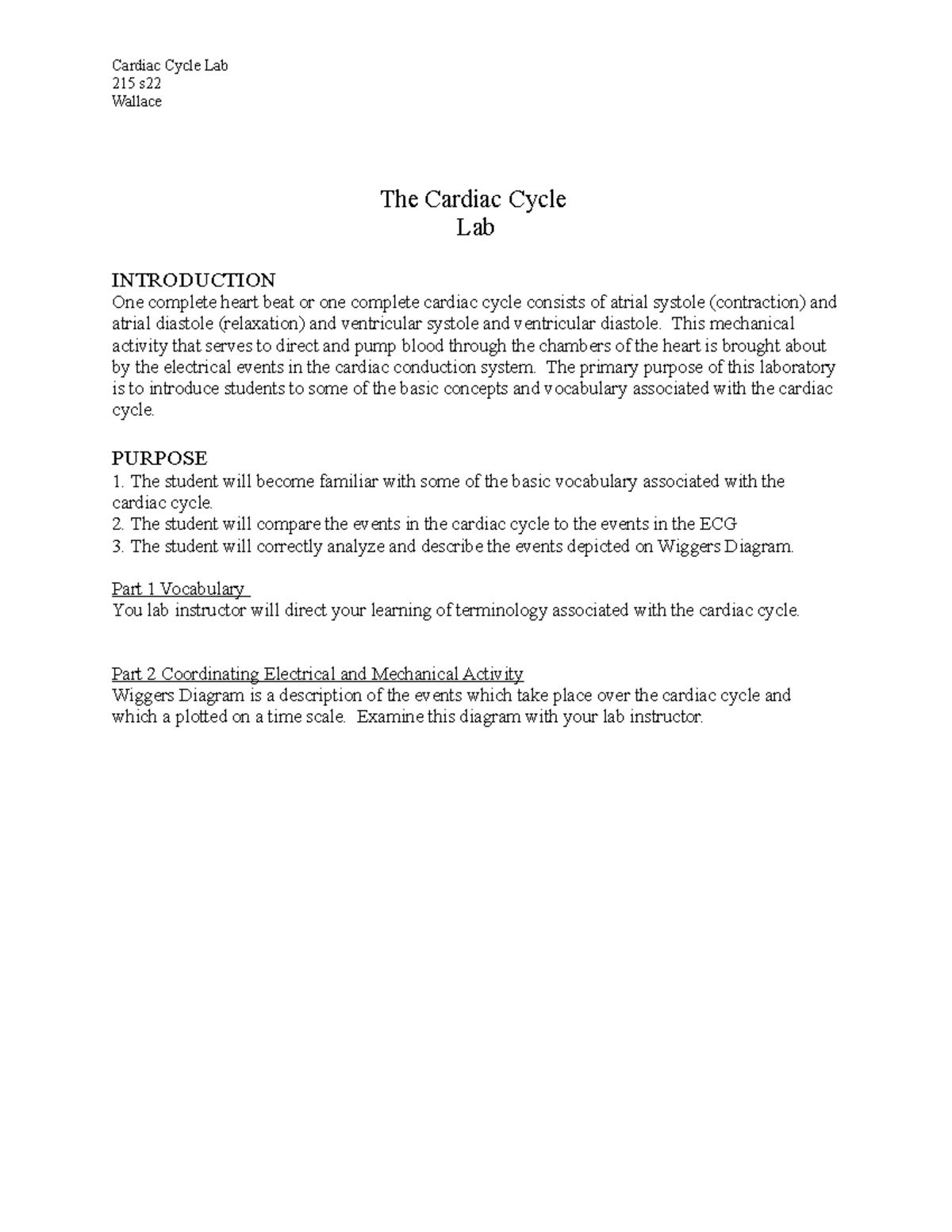 Cardiac Cycle Lab - Cardiac Cycle Lab 215 s Wallace The Cardiac Cycle ...