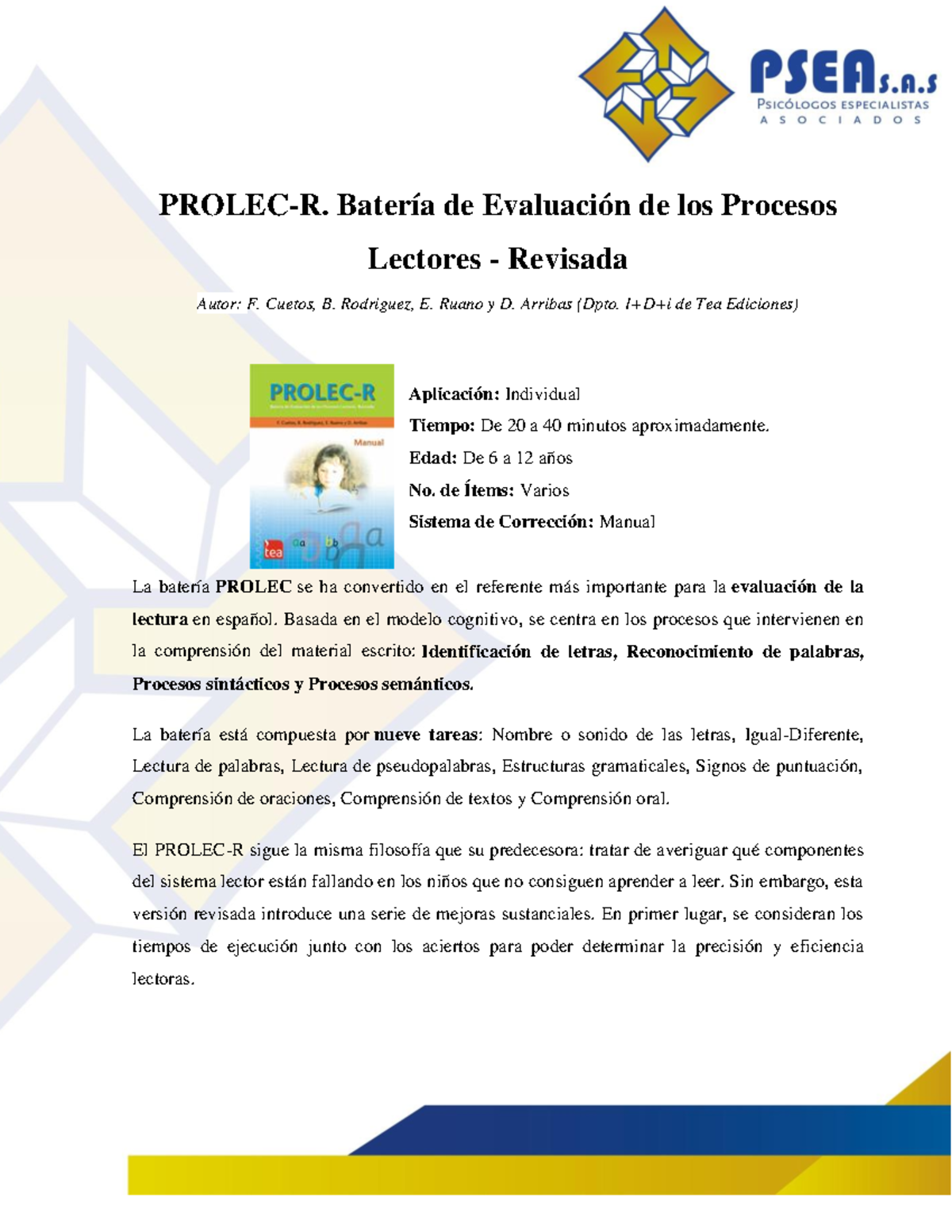 Prolec-R - Bateria de evaluación - PROLEC-R. Batería de Evaluación de ...