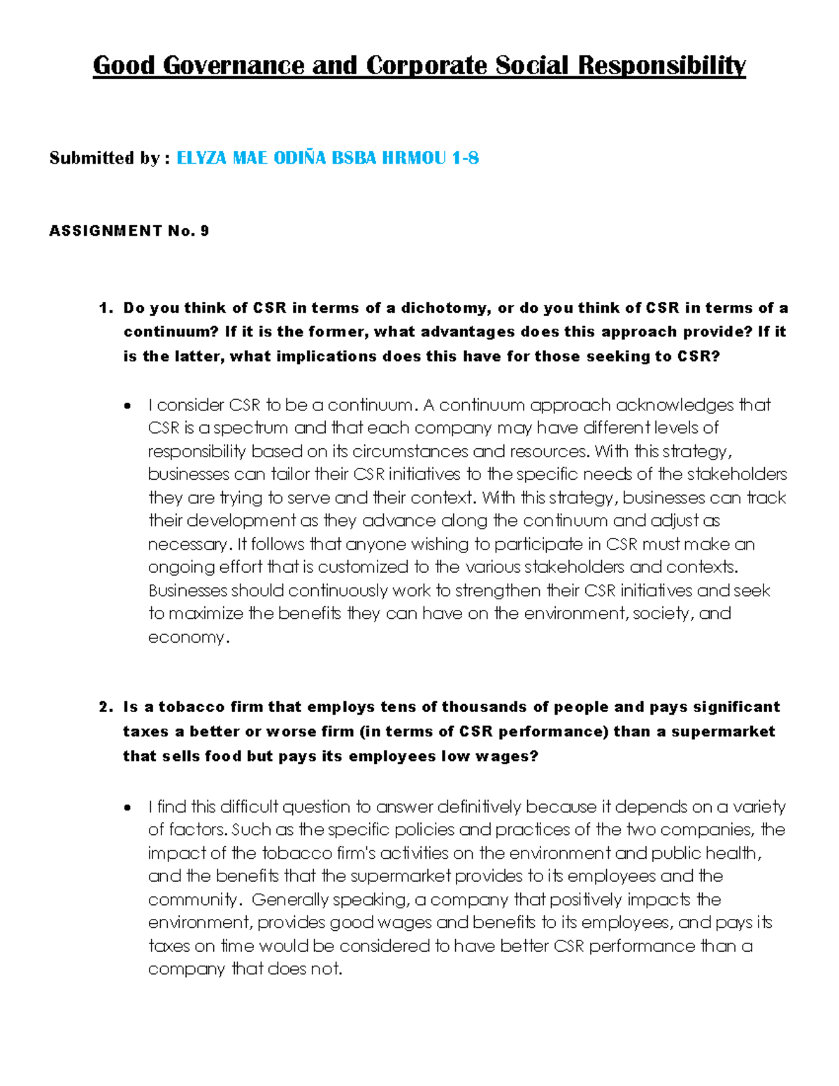 BUMA- Assignment-9 - ASSIGNMENT FOR BUMA - Good Governance and ...