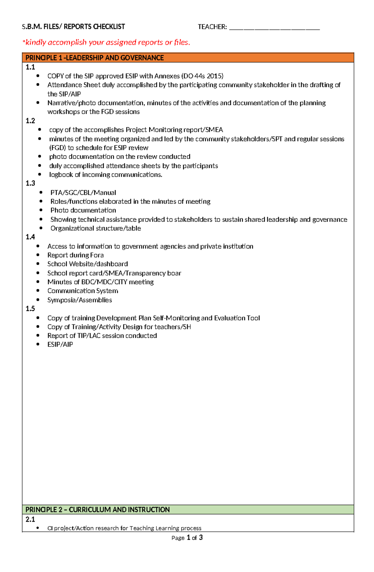 SBM Checklist - S.B. FILES/ REPORTS CHECKLIST TEACHER ...
