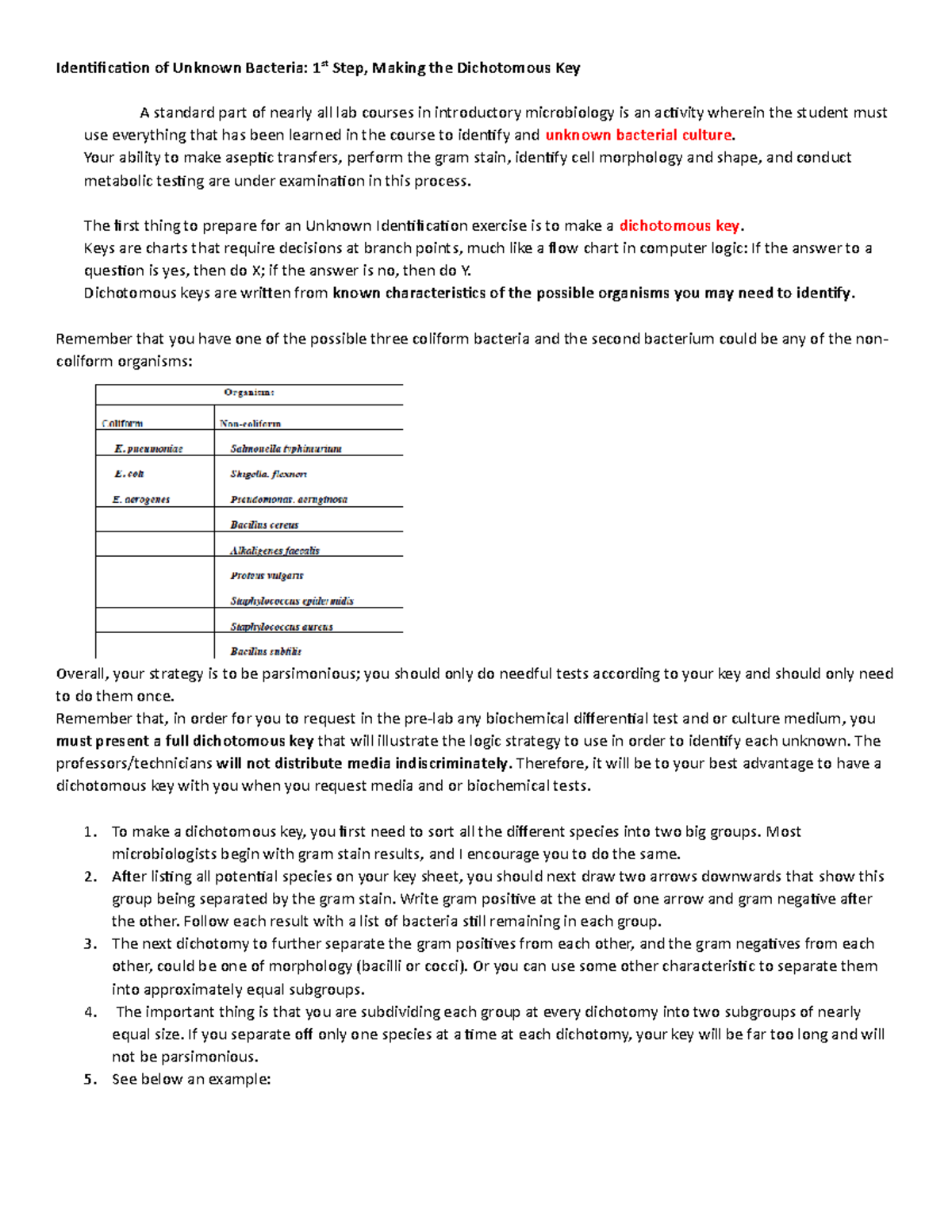Dichotomus key Guidelines - Identification of Unknown Bacteria: 1st ...