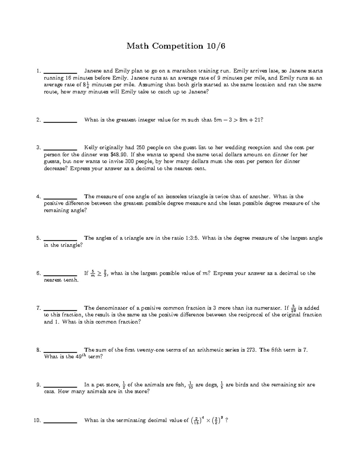 6 - eeee - Math Competition 10/ Janene and Emily plan to go on a ...