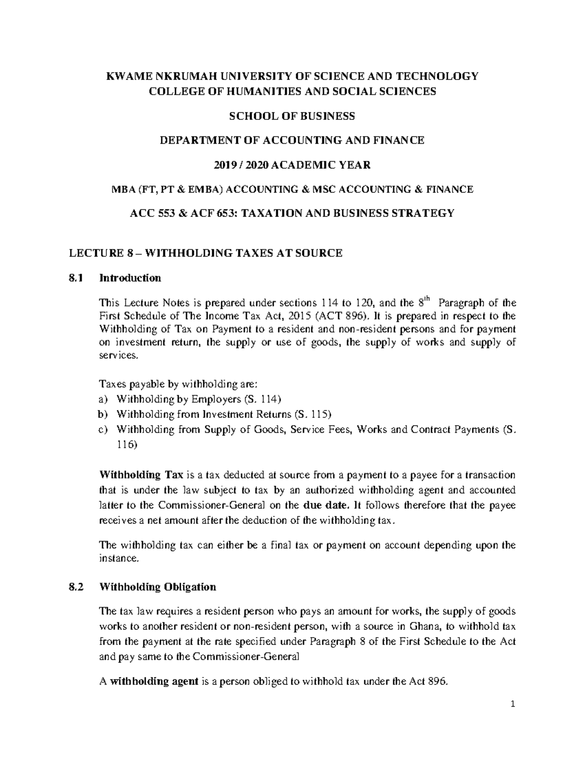 2019 Lecture 8 - Withholding Taxes at Source - Taxation - KNUST - Studocu