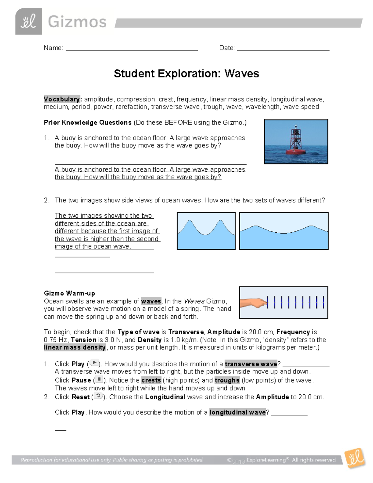 Waves SE - amazing - Name: Date: Student Exploration: Waves Vocabulary ...