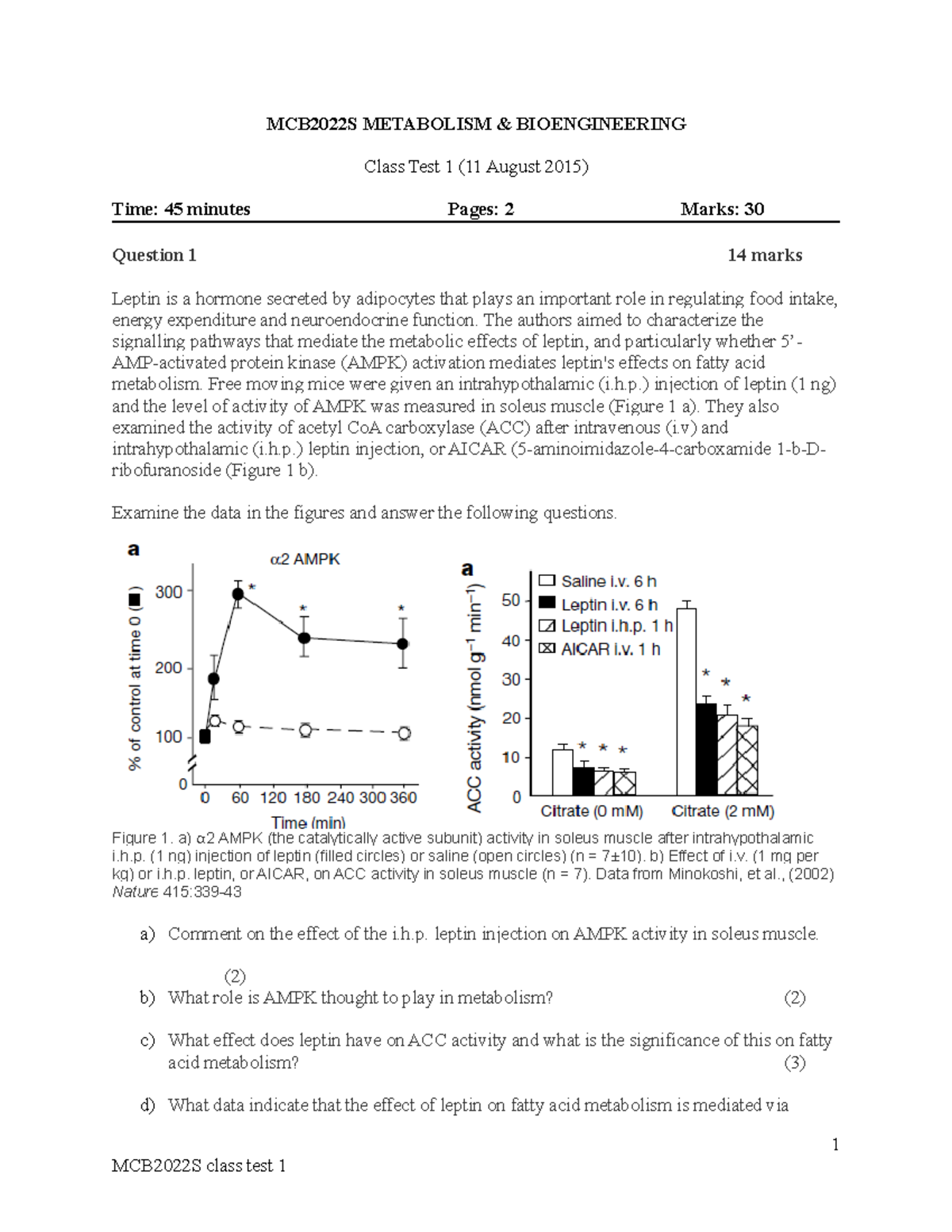 Test 1 2015, questions - MCB2022S METABOLISM & BIOENGINEERING Class ...