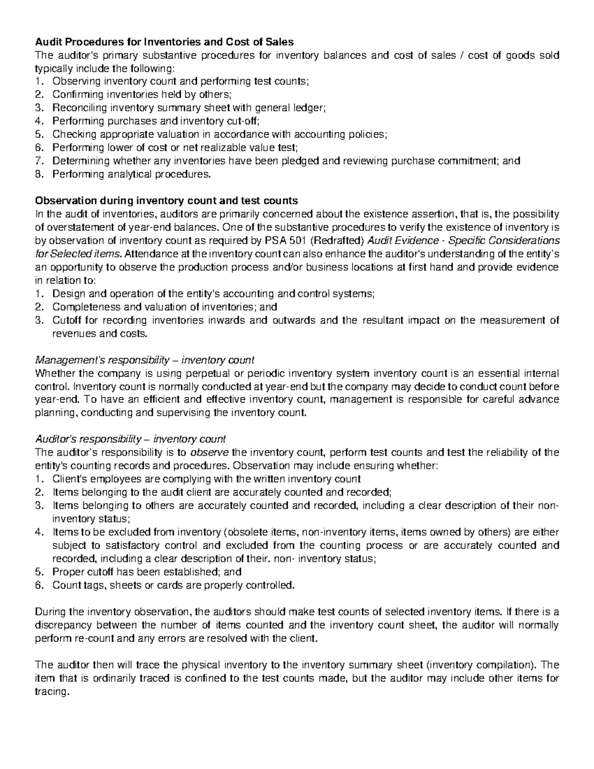 Audit Procedures for Inventory - Observation during inventory count and ...