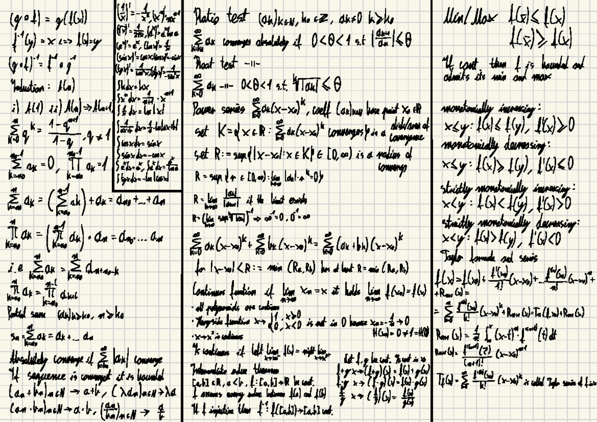 Analysis Cheat Sheet - (yof) = g(f(x) #'I I am in Ratio test (aken-toez ...