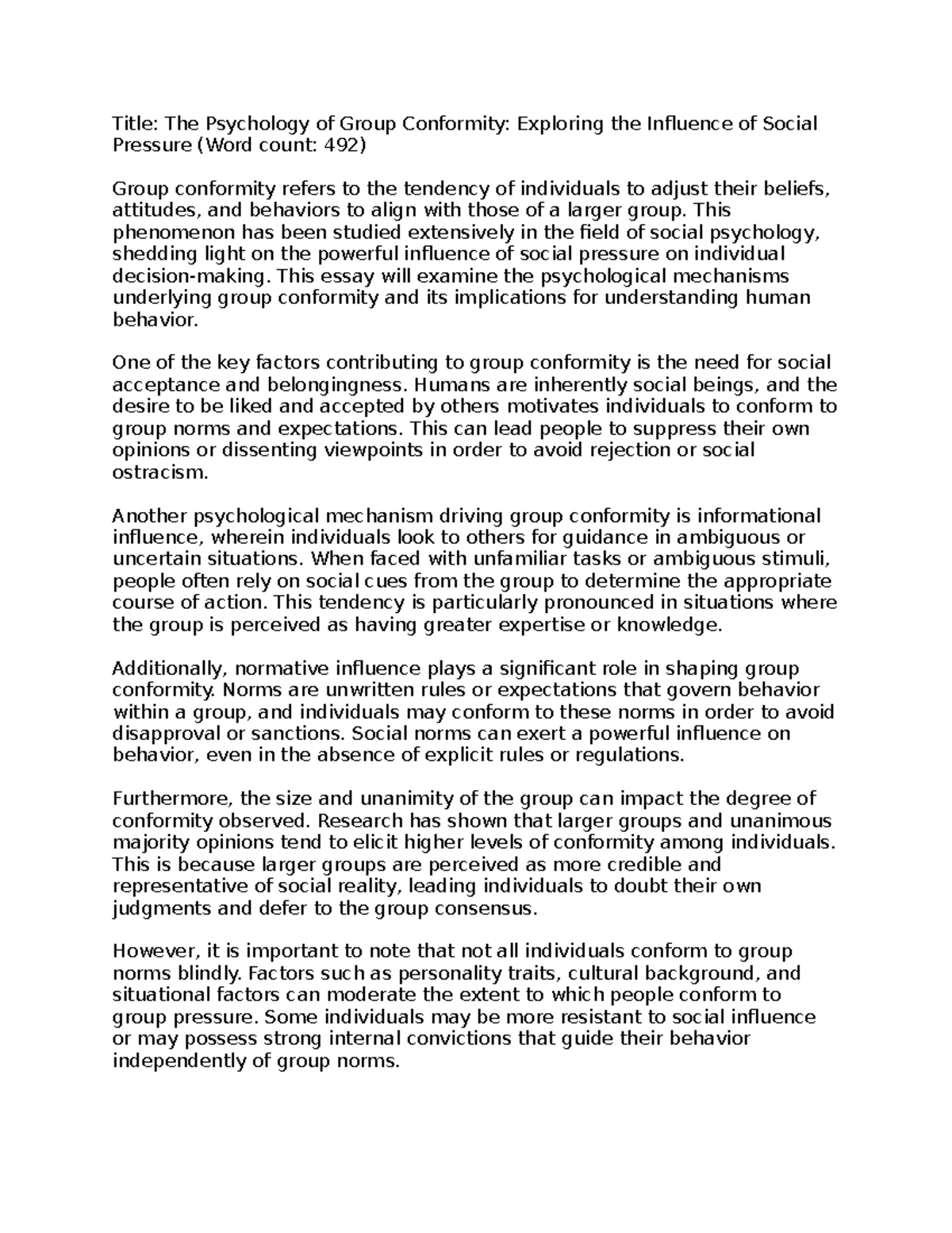 Essay 2 - The Psychology of Group Conformity: Exploring the Influence ...