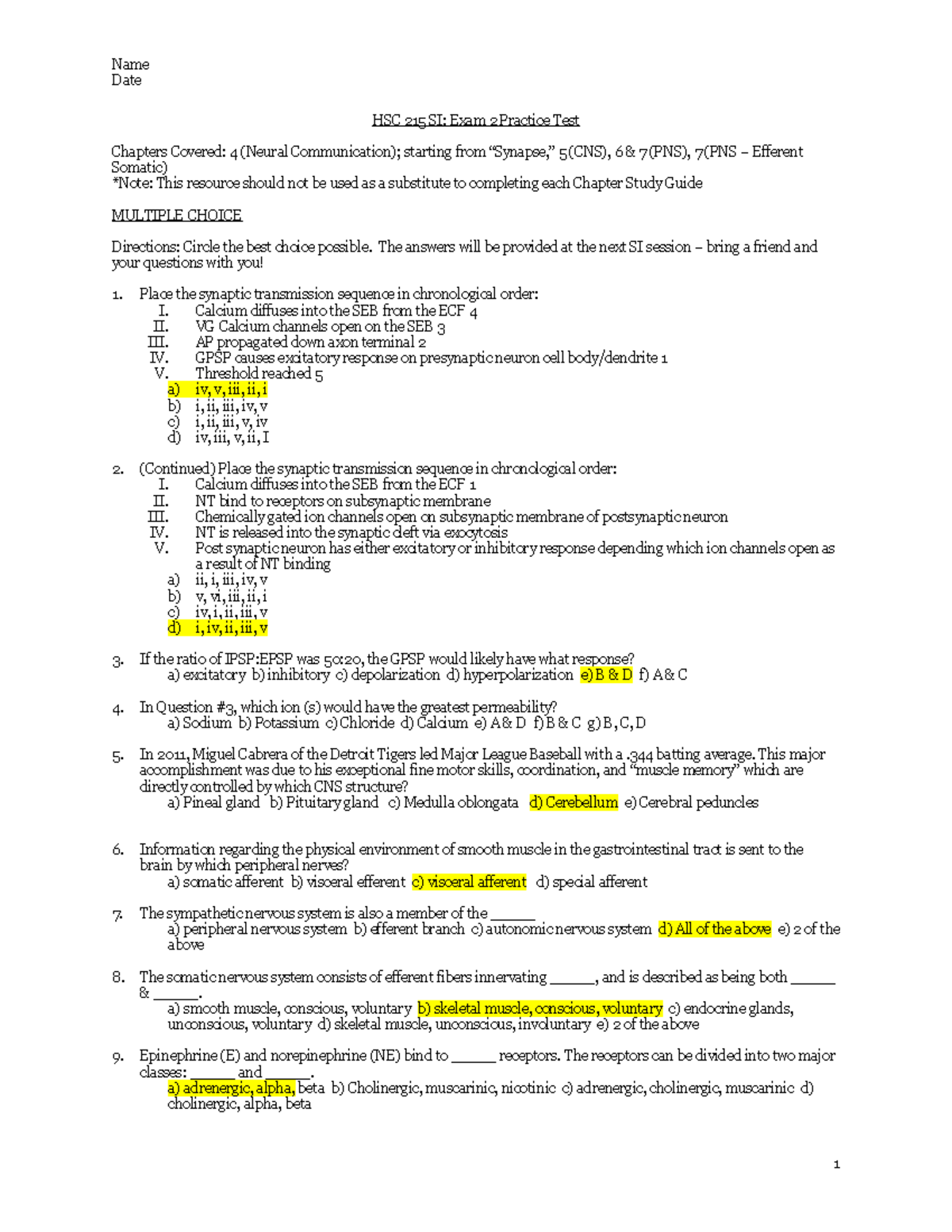 HSC 215 Practice Exam 2 (2)-2 - Date HSC 215 SI: Exam 2 Practice Test ...