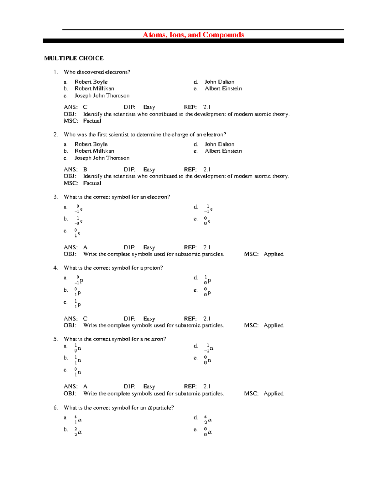 Atoms Ions and Compounds - Atoms, Ions, and Compounds MULTIPLE CHOICE ...