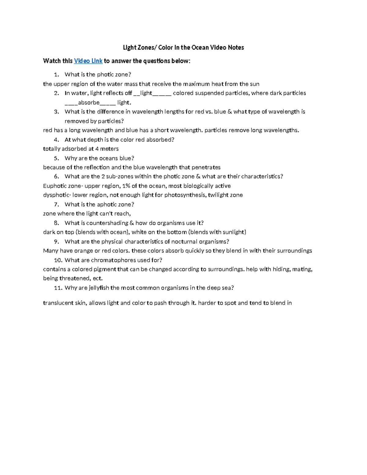 Light Zones Colorinthe Ocean Video Notes Marine Science-1 - Light Zones ...