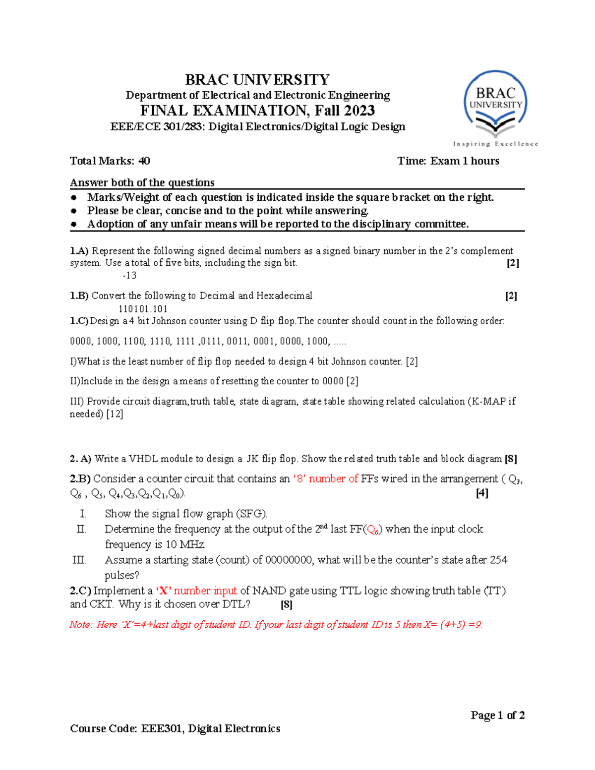 EEE301 Final Fall 2023 Sec2.docx - BRAC UNIVERSITY Department of Electrical and Electronic - Studocu