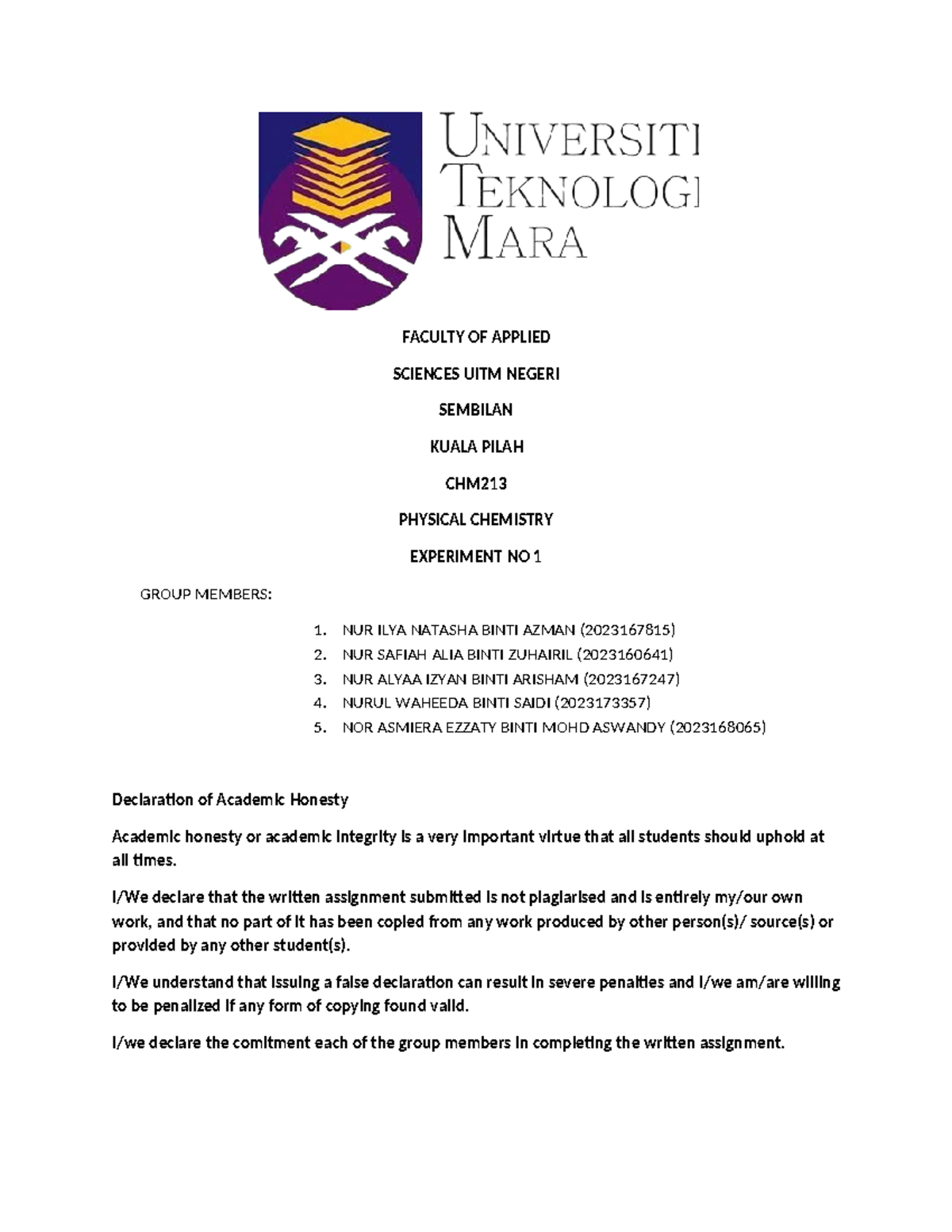 LAB Report 1 CHM213 ILYA 240417 212943 (1) - FACULTY OF APPLIED ...
