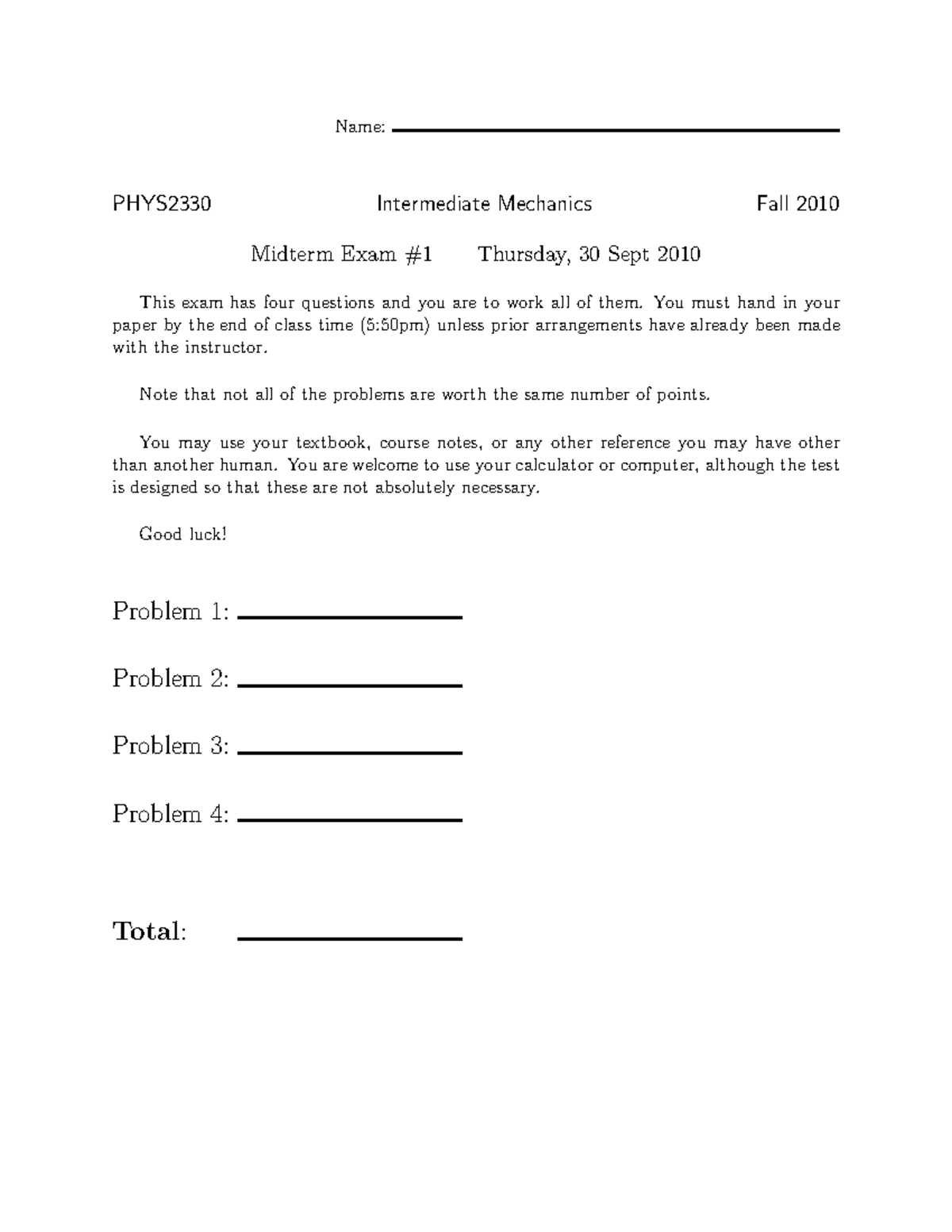 PHYS 2330 Exam 1 Fall 2010 - Name: PHYS2330 Intermediate Mechanics Fall ...