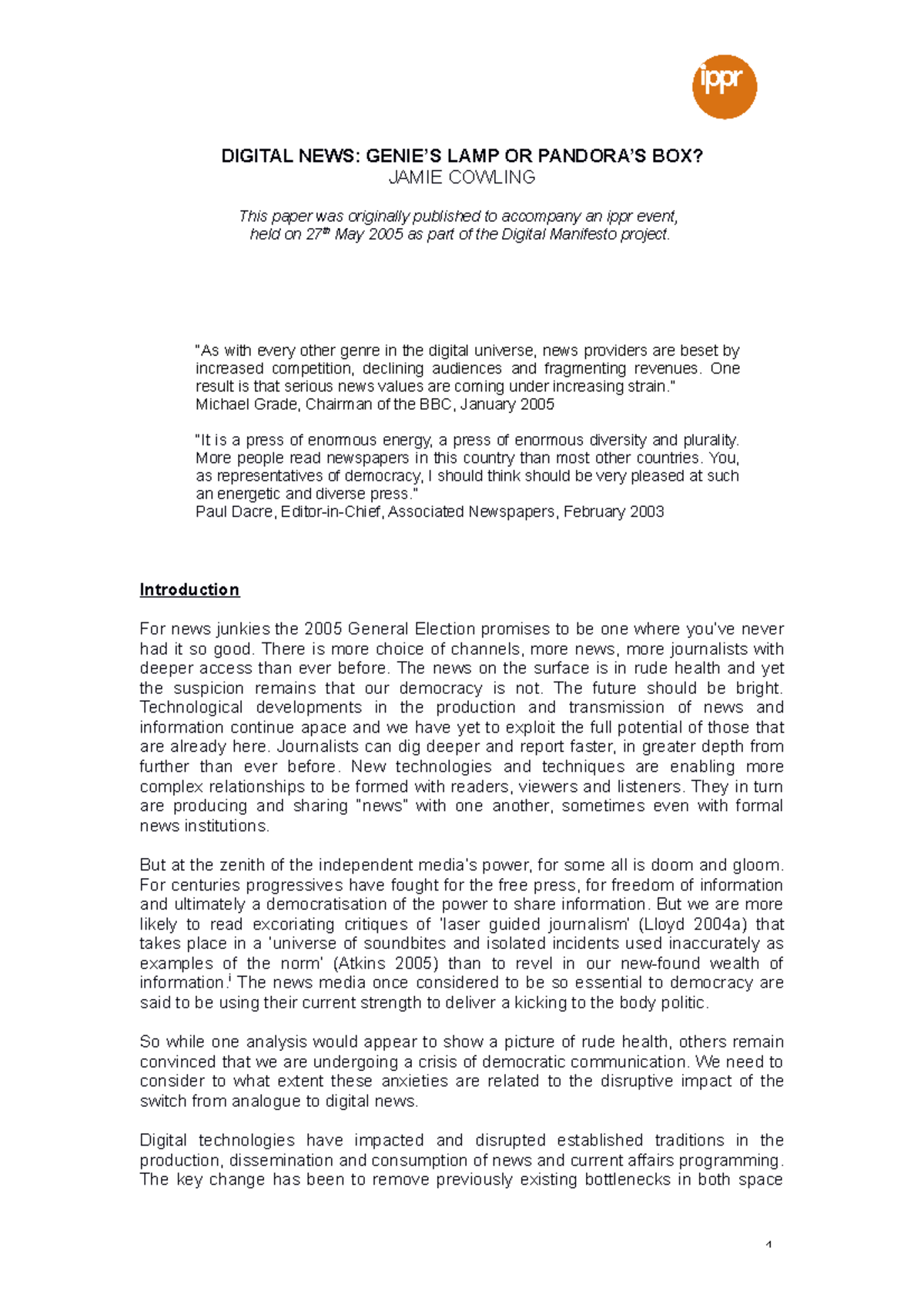 Digital News Paper - J Cowling - DIGITAL NEWS: GENIE’S LAMP OR PANDORA ...