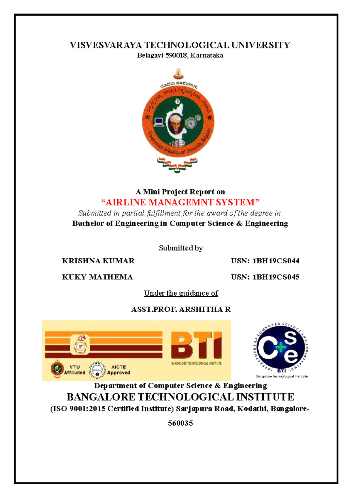 Airline Management System - VISVESVARAYA TECHNOLOGICAL UNIVERSITY ...