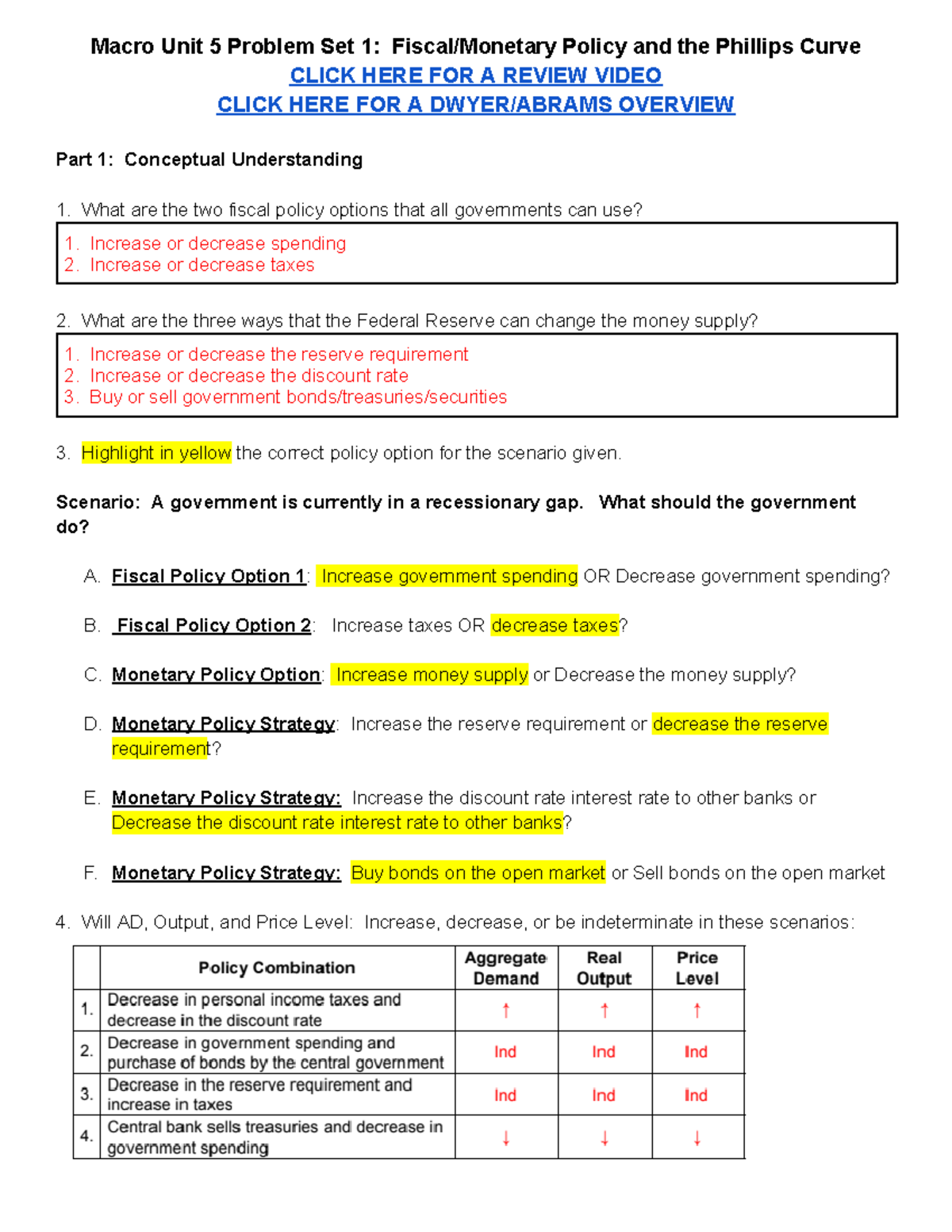 01. KEY Macro Unit 5 Problem Set 1 - Macro Unit 5 Problem Set 1: Fiscal ...