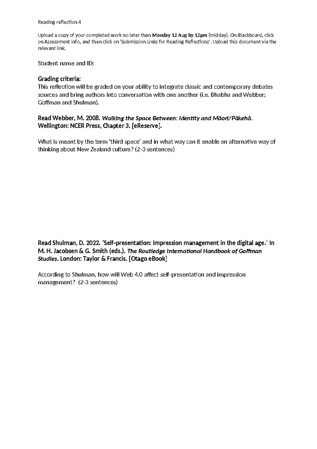 Reflection #4 - Reading reflection 4 Upload a copy of your completed ...