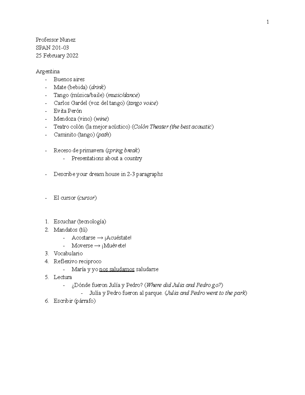 SPAN 201-03 (6) CH 11 Argentina - 1 Professor Nunez SPAN 201- 25 ...