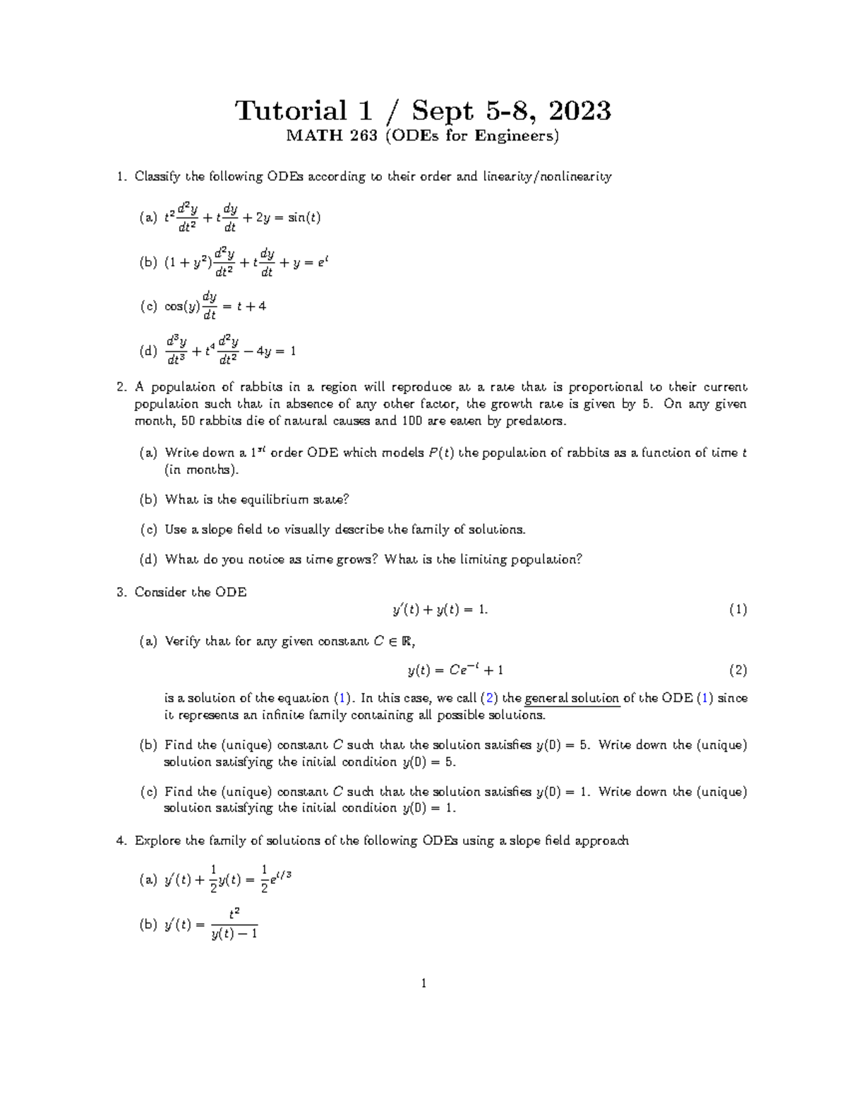 Tutorial 01 - Tutorial 1 / Sept 5-8, 2023 MATH 263 (ODEs for Engineers ...