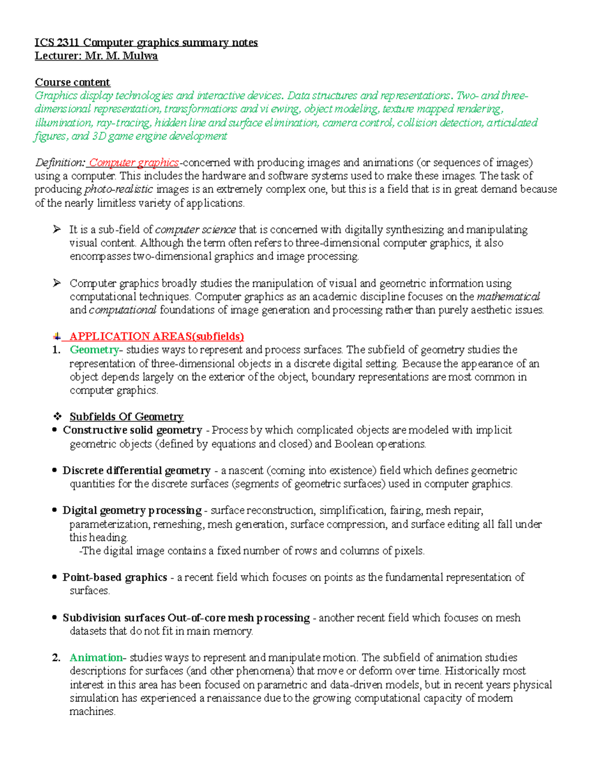 Lesson 1 - Notes - ICS 2311 Computer graphics summary notes Lecturer ...
