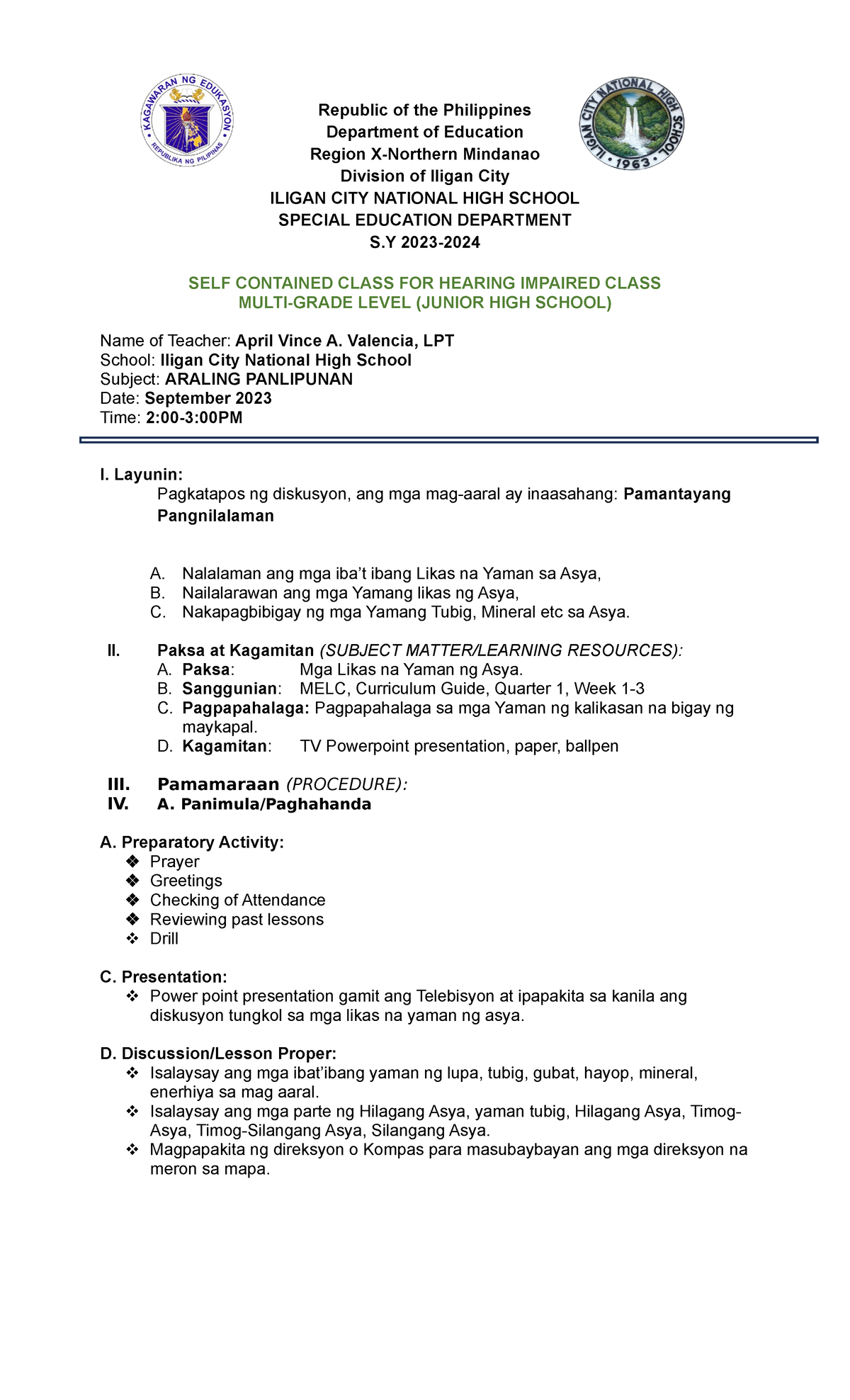 AP LP - lesson plan - Republic of the Philippines Department of ...