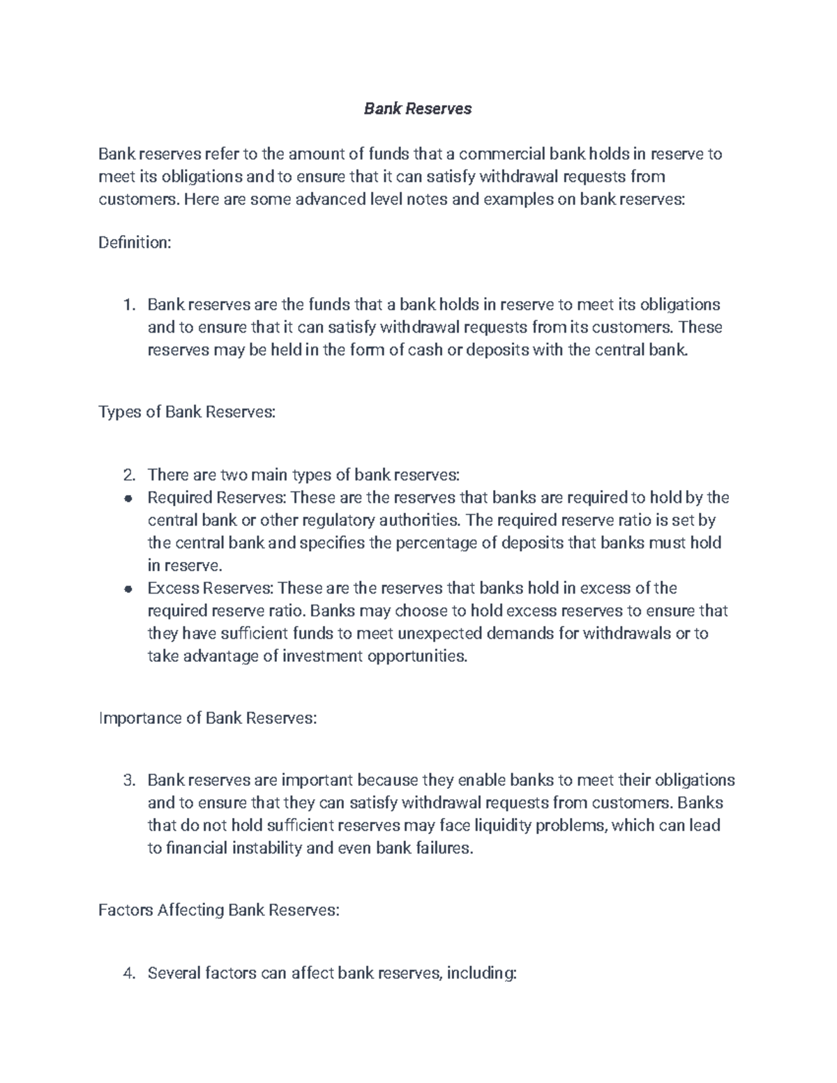 Notes on Bank Reserves - Bank Reserves Bank reserves refer to the ...