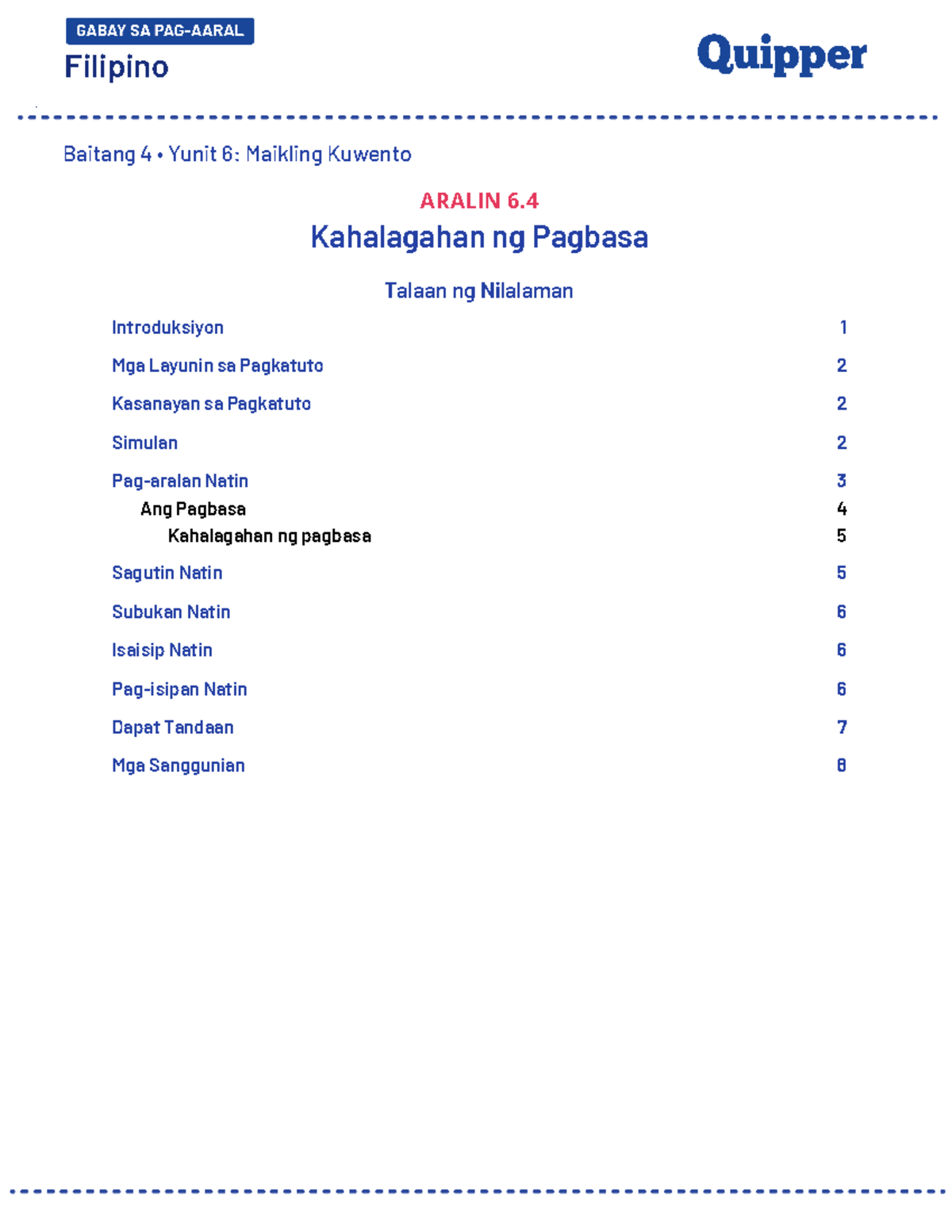 ME Fil 4 Q1 0604 SG - Filipino notes - Kahalagahan ng Pagbasa - ARALIN ...