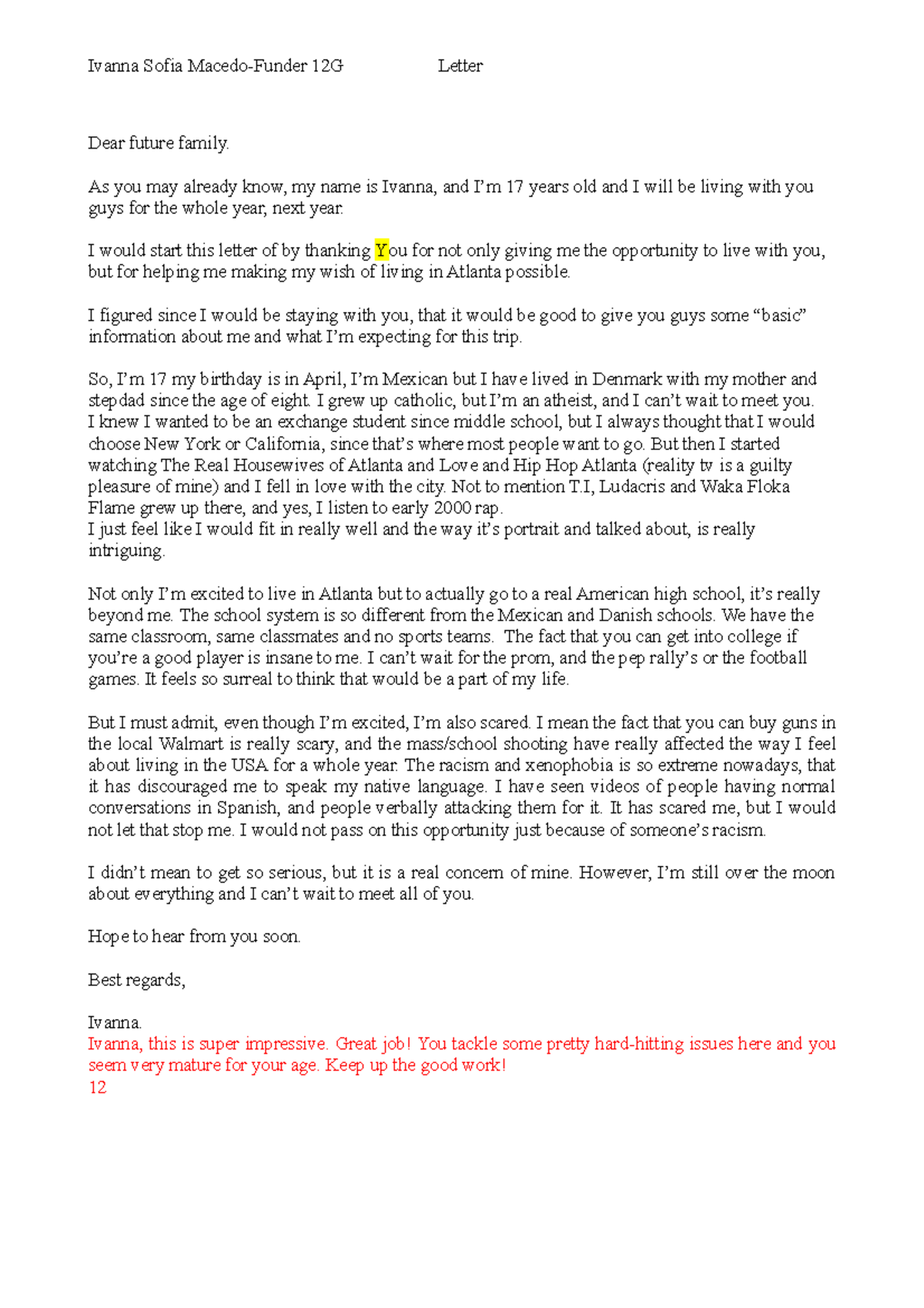letter to an american family as an exchange student - Ivanna Sofia ...