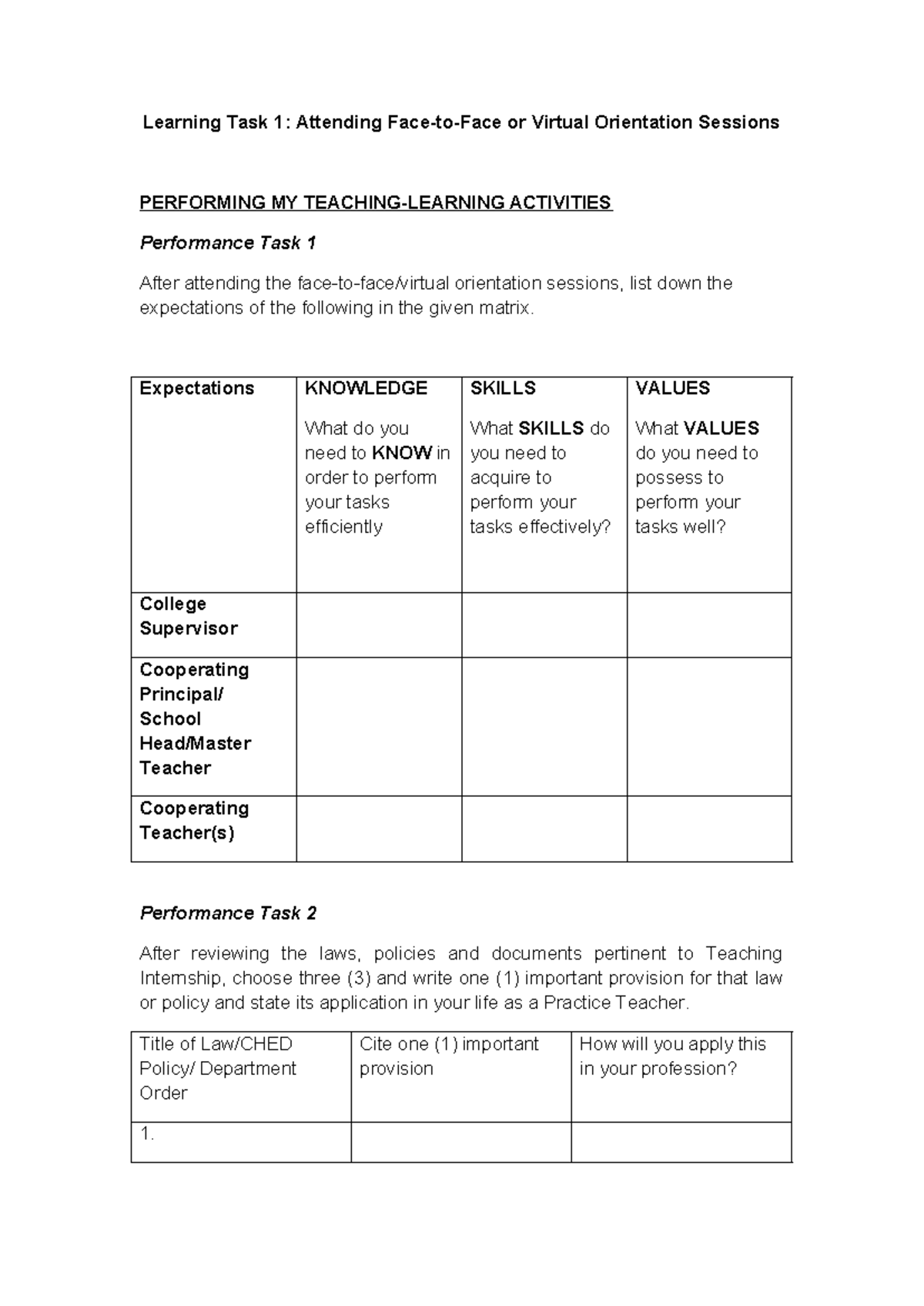 Learning Task 1 - Expectations KNOWLEDGE What do you need to KNOW in ...
