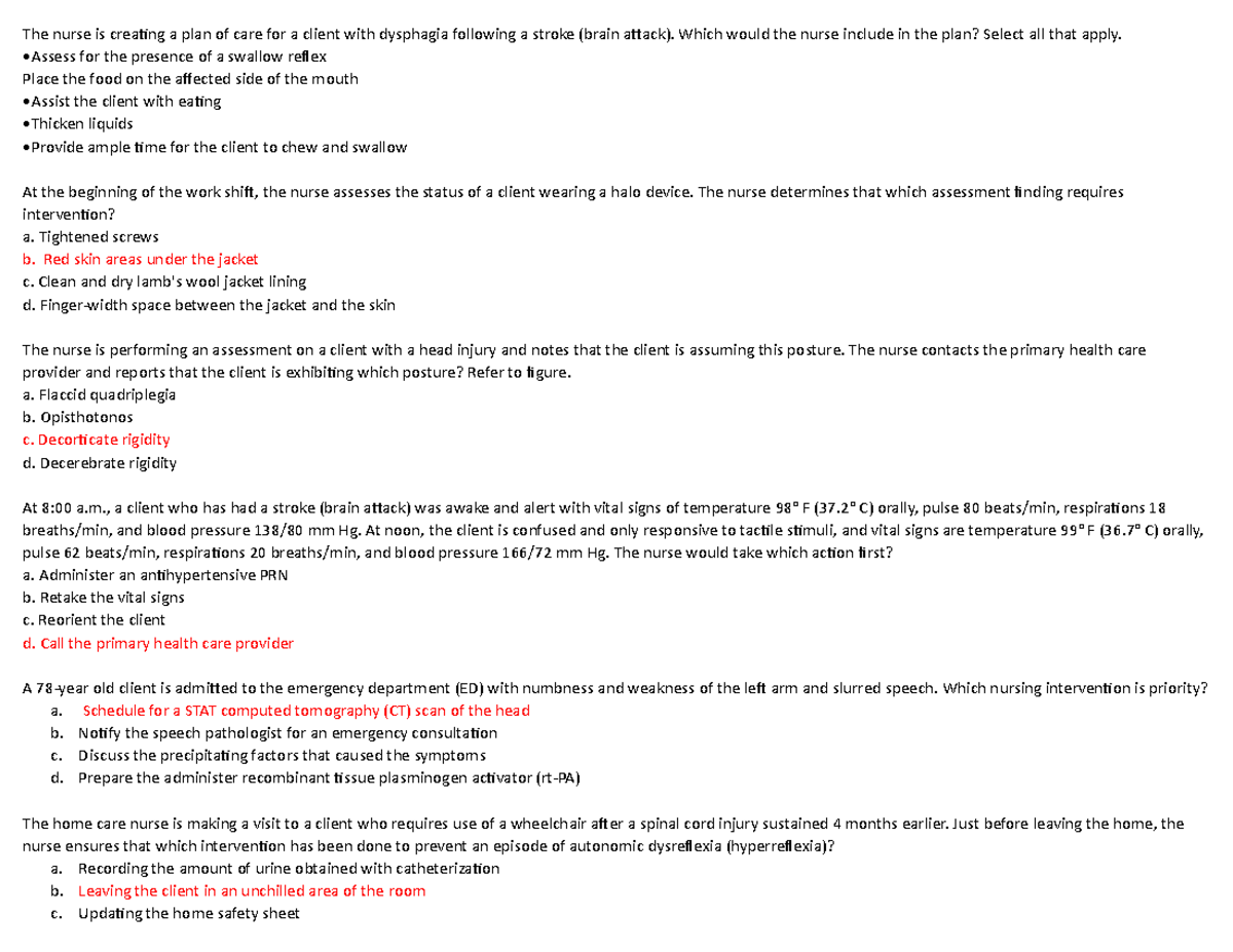 MS2Quiz 9 CVA Spine - practice questions - The nurse is creating a plan ...